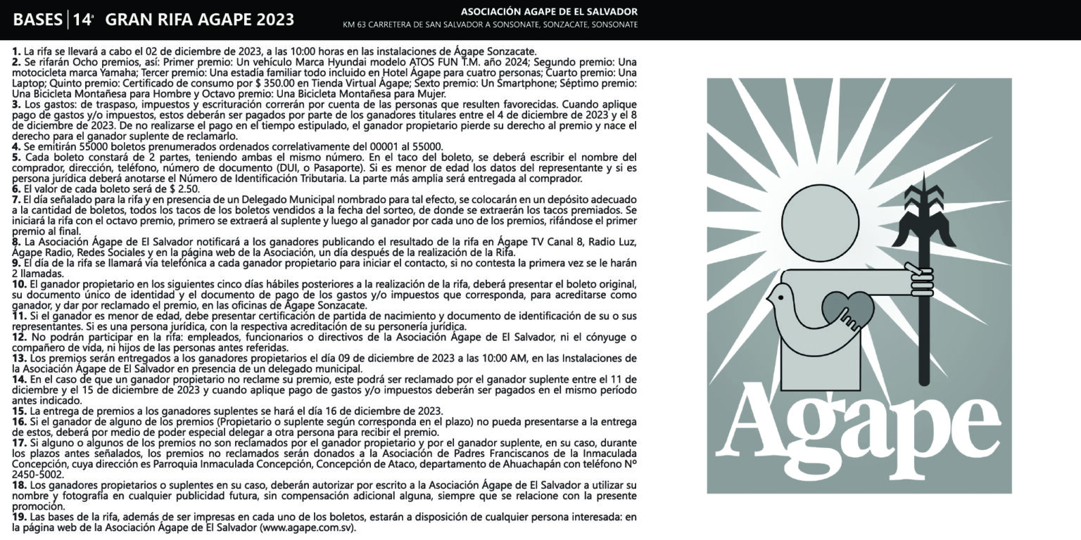 Bases de la 14a Gran Rifa Agape 2023 – Asociación Agape de El Salvador
