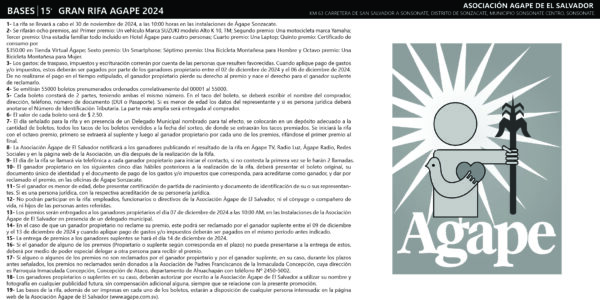 BASES DE LA 15a GRAN RIFA AGAPE 2024 – Asociación Agape de El Salvador